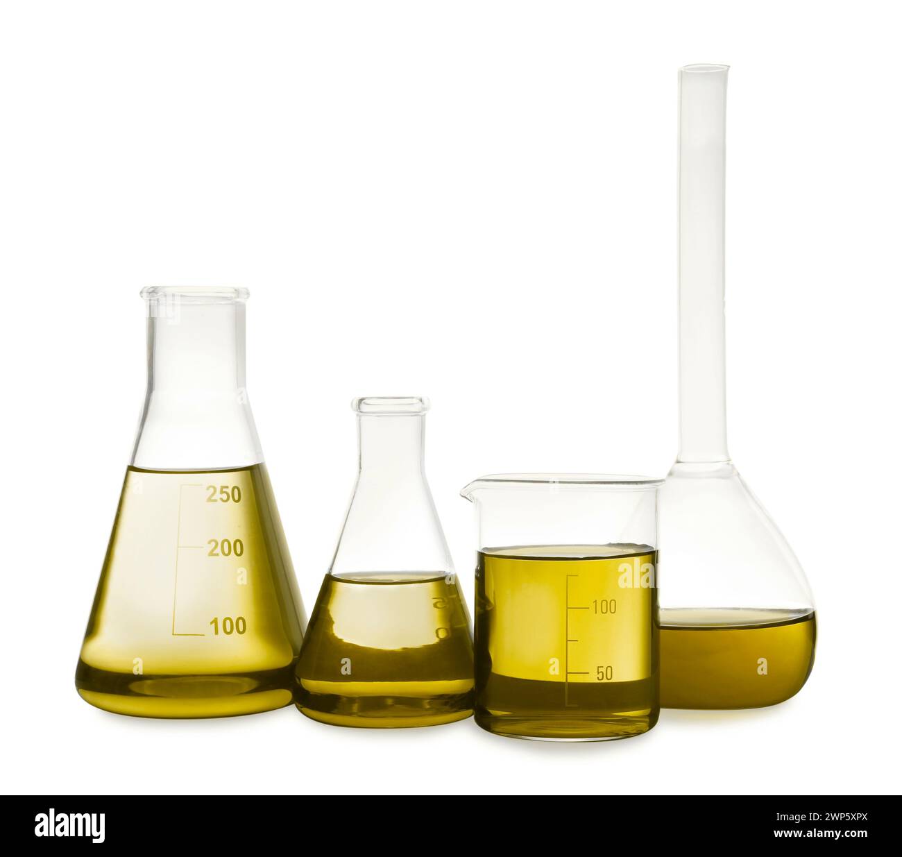 Laboratory glassware with yellow liquid isolated on white Stock Photo ...