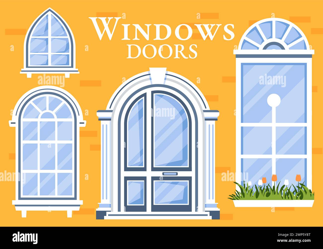 House Architecture Vector Illustration with Doors and Windows Various ...