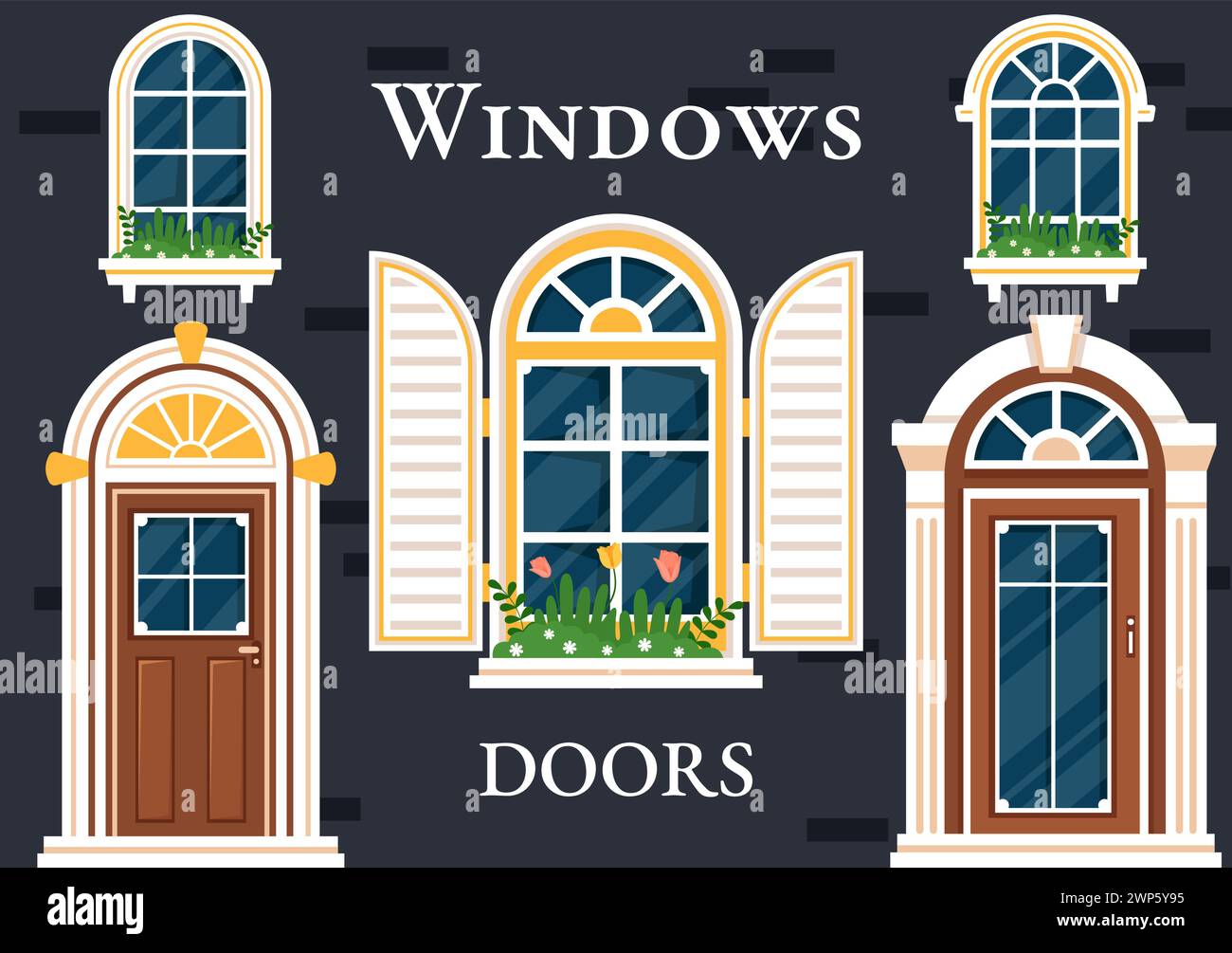 House Architecture Vector Illustration with Doors and Windows Various ...