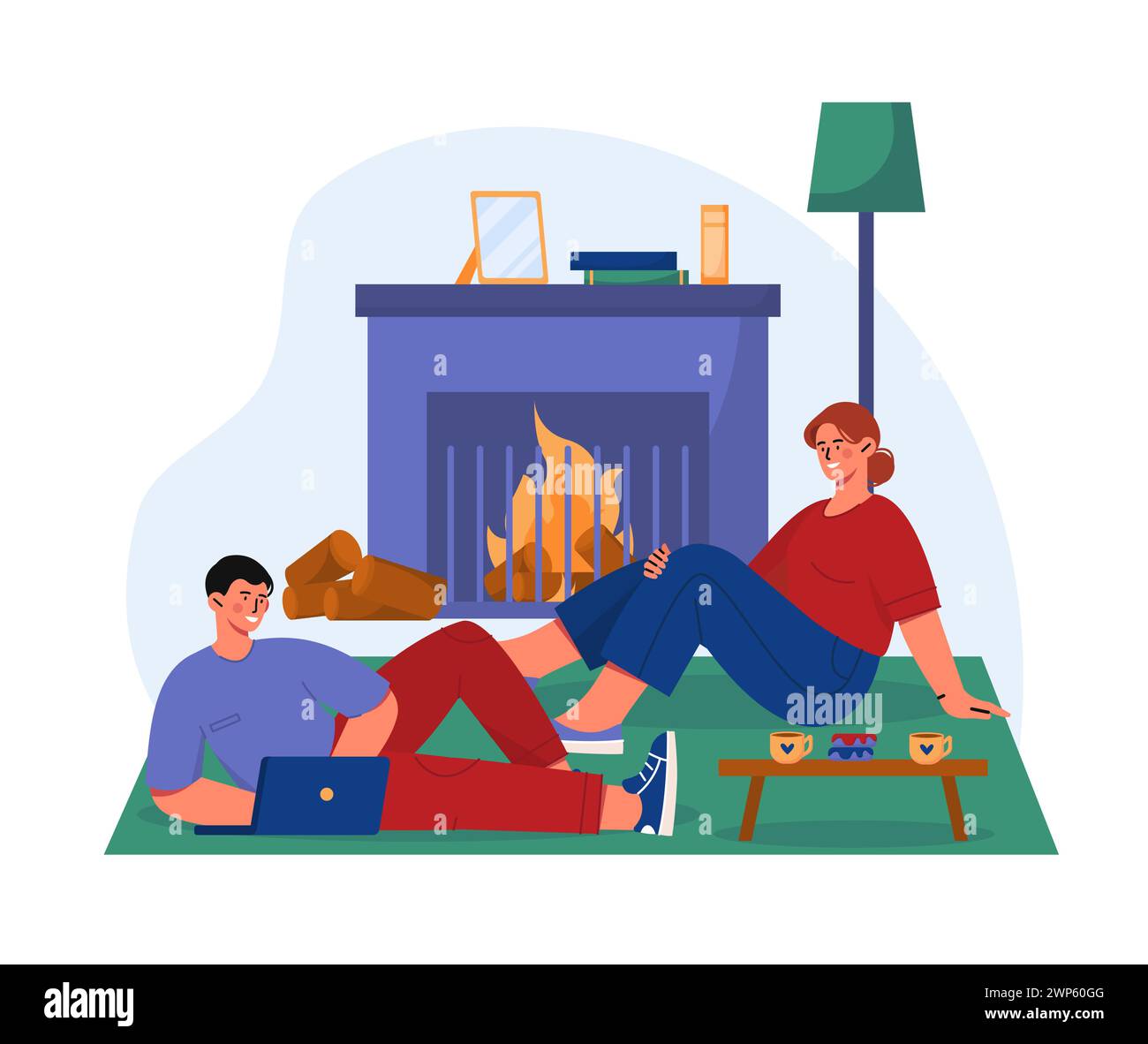 Couple sitting near fireplace vector Stock Vector Image & Art - Alamy