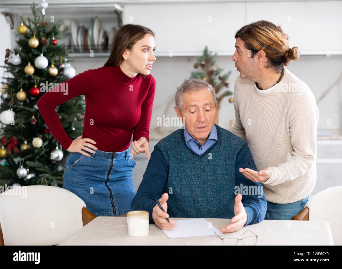 Adult children argue with each other and show their mature father how ...