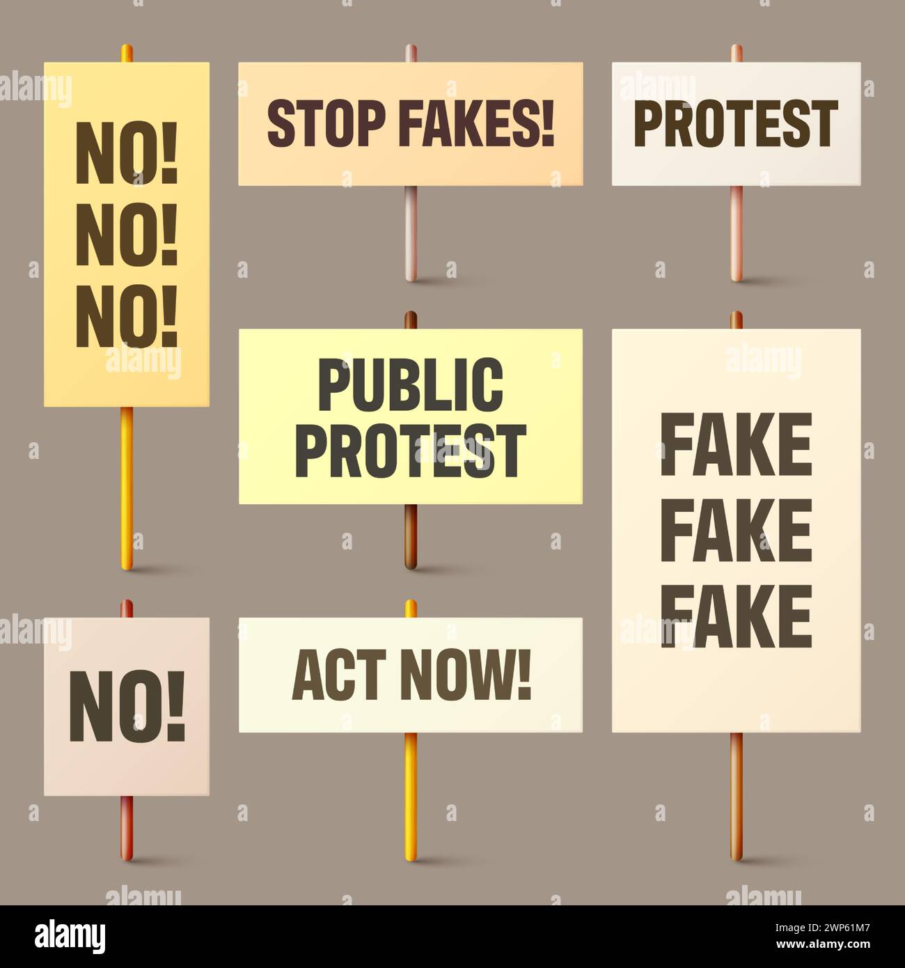 Colorful protest signs with slogan on wooden holder. Realistic vector ...