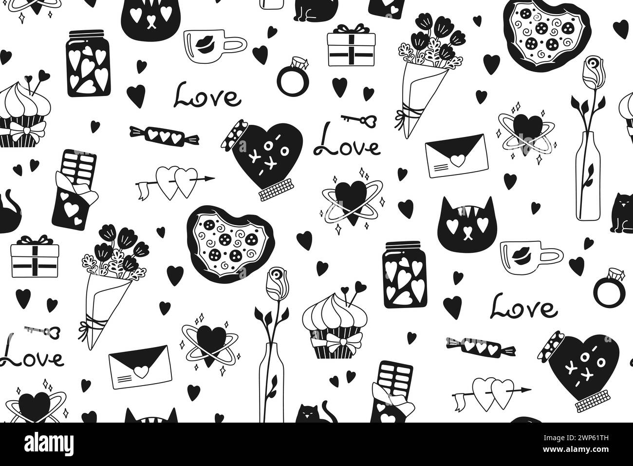 Valentines Day romantic elements seamless pattern. Doodle repeating ...