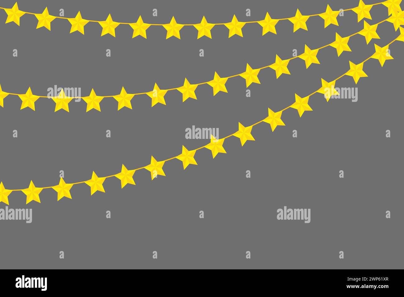 Three curved lines of bright yellow stars decreasing in size on a gray ...