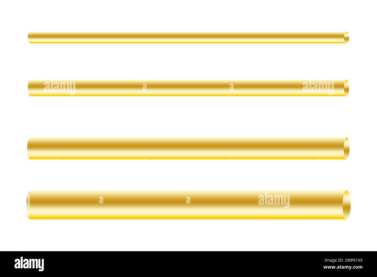 Parallel golden pipes. Varying lengths and diameters. Polished brass ...