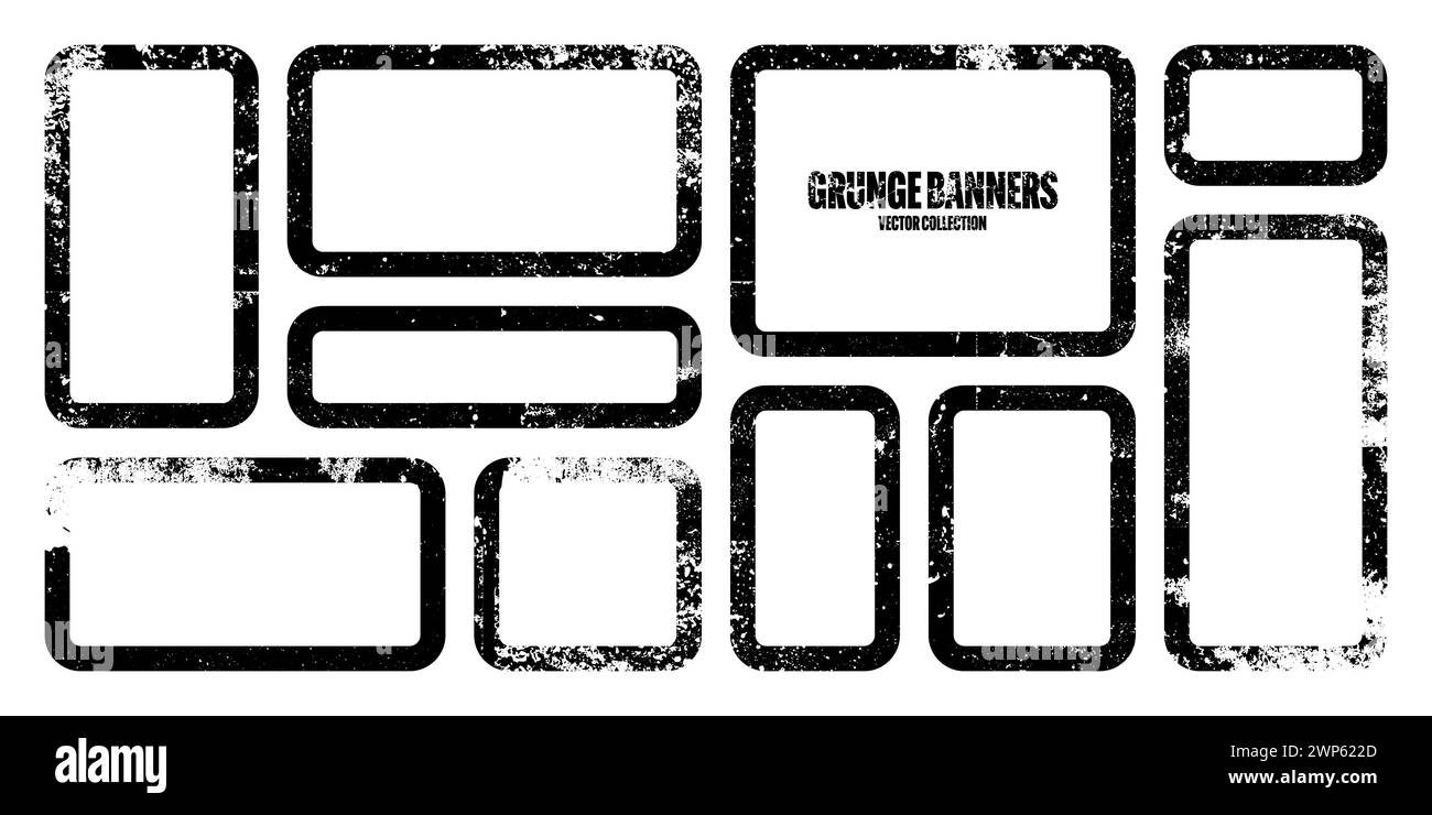 Grunge square frames, banners with stains and scratches. Brush stroke ...