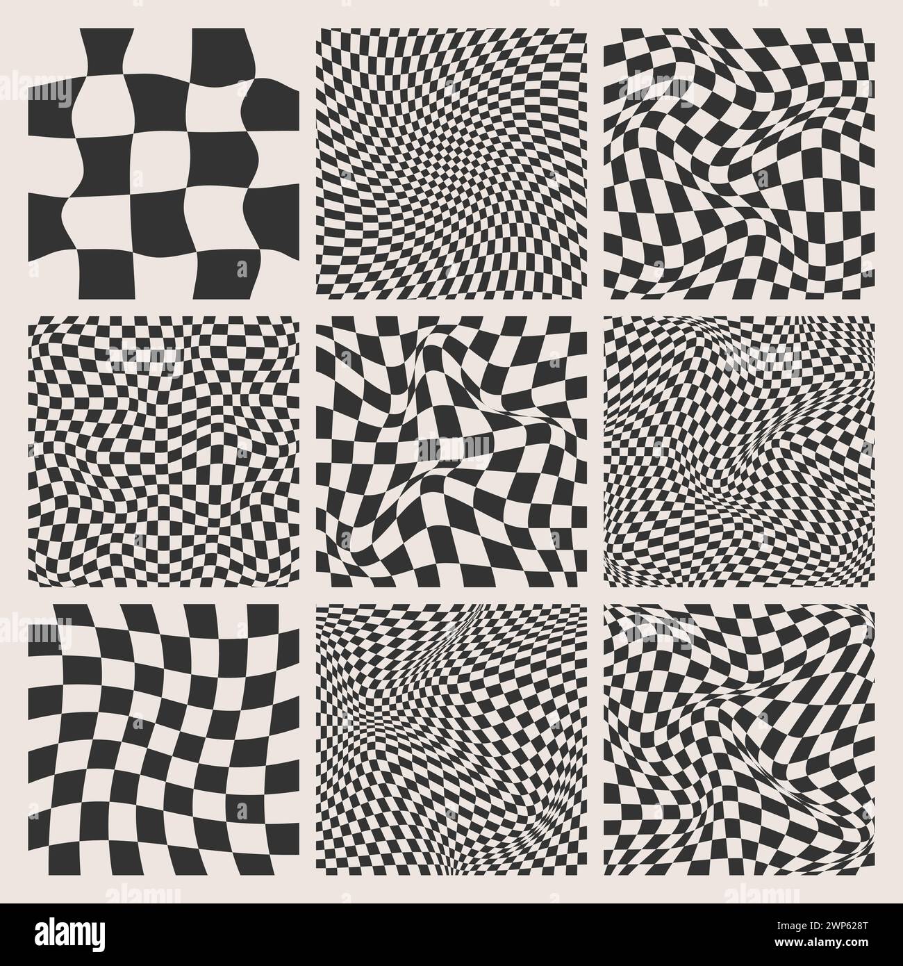 Trendy checkered pattern, black and white distorted tiled grid. Wavy curved backdrop, distortion ...