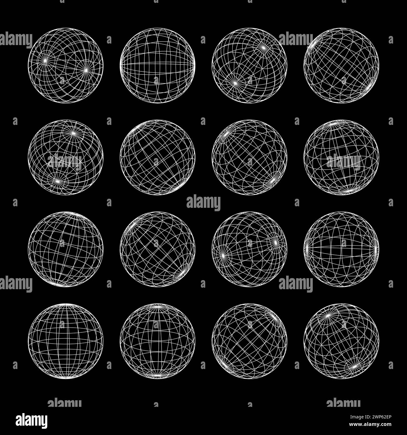 Wireframe shapes, lined sphere. Perspective mesh, 3d grid. Low poly ...