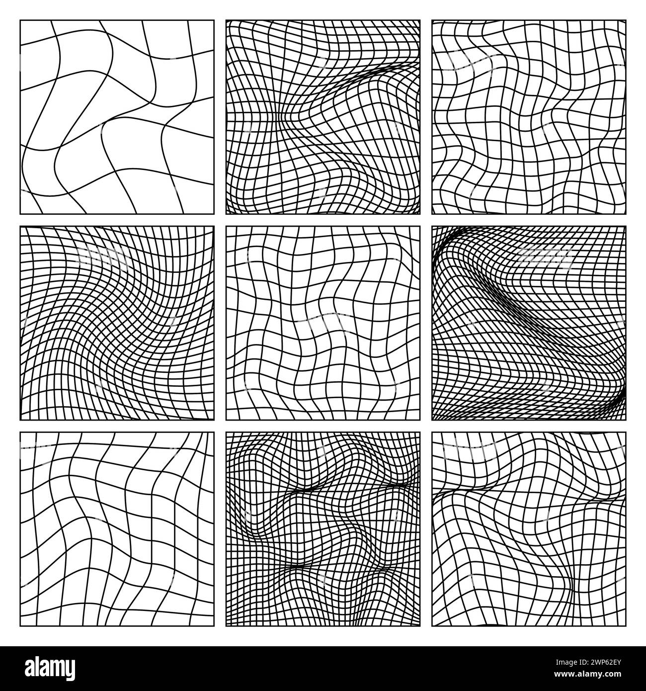 Wireframe shapes, lined perspective mesh, 3d grid. Low poly geometric elements. Retro futuristic ...