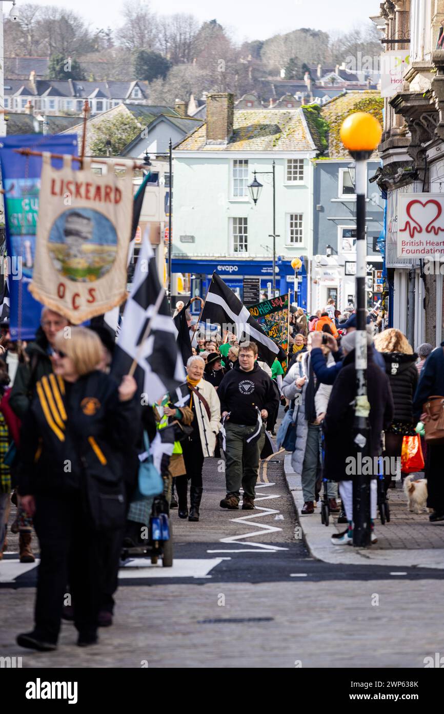 Truro, UK. 5th March 2024. Crowds gather to celebrate St Piran's Day in ...
