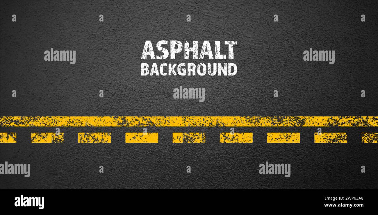 Asphalt road with yellow cracked lane marking, concrete highway surface ...