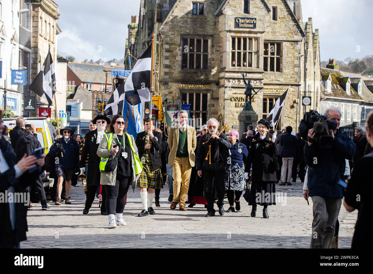 Truro, UK. 5th March 2024. Crowds gather to celebrate St Piran's Day in ...