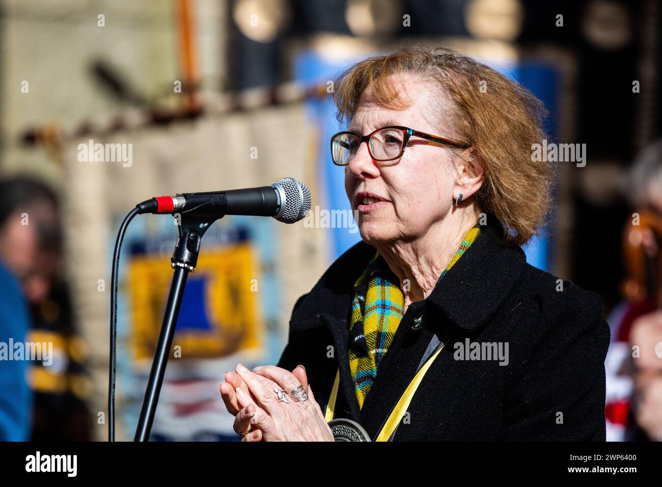 Truro, UK. 5th March 2024. Deputy Grand Bard Jenefer Lowe addresses the ...