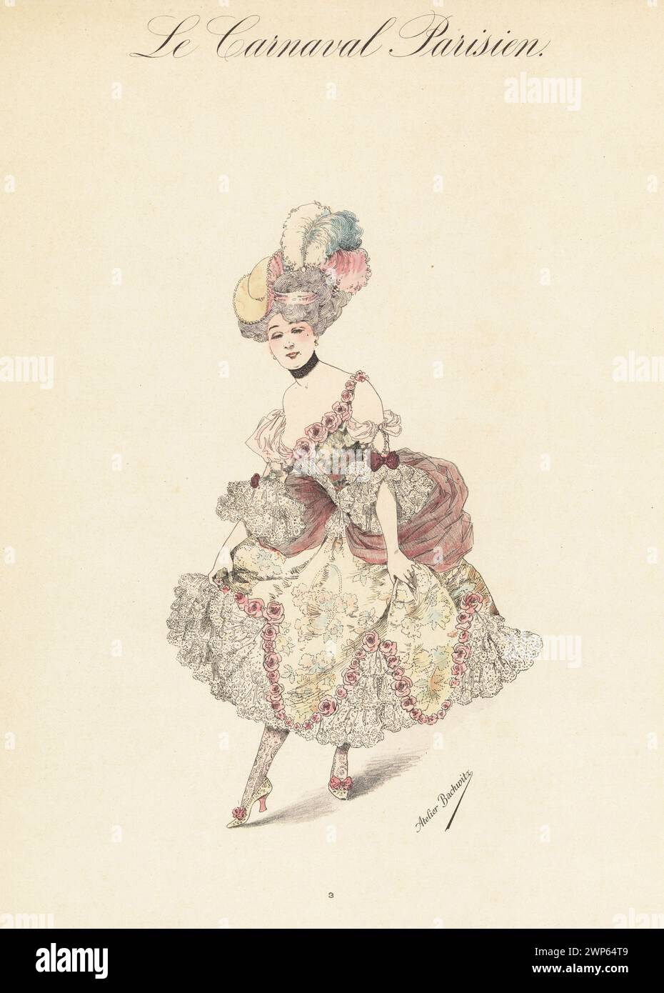 Woman in fancy-dress costume of a Louis XV gown. In bonnet with ostrich ...