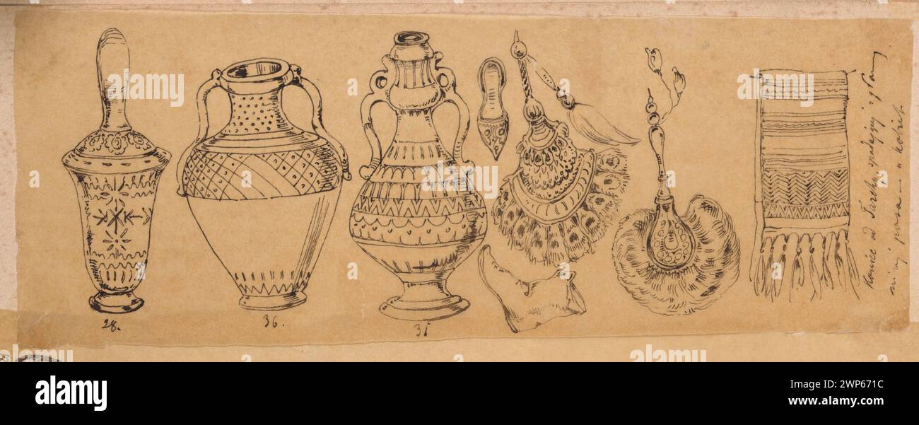 Painting showing Eastern products including ceramic dishes, a hand fan ...