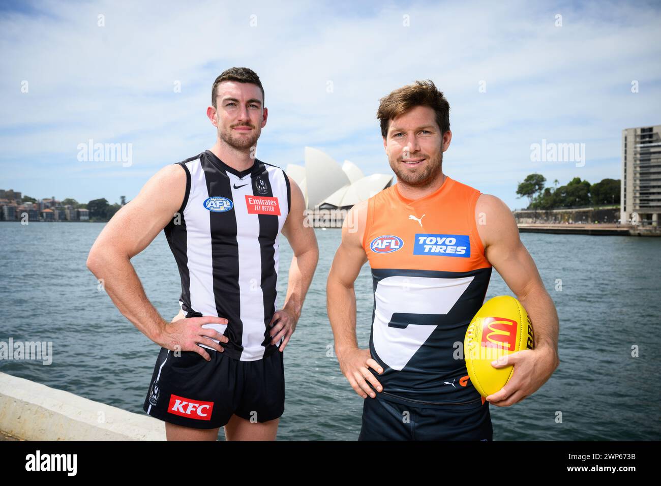 Dan McStay of the Collingwood Magpies and Toby Greene of the GWS Giants ...