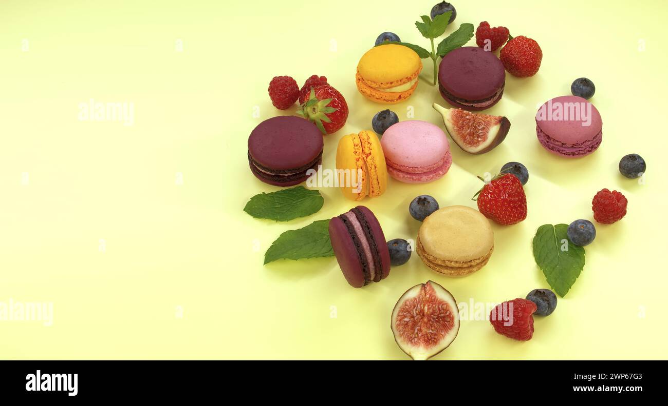 Vibrant scene of a table filled with macaroons and fruits contrast ...