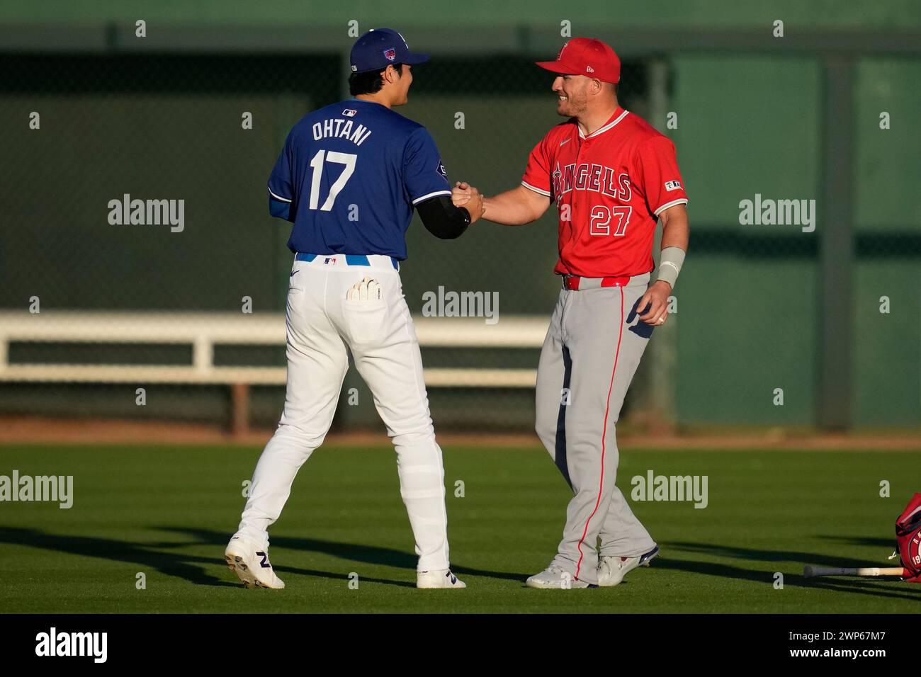 Los Angeles Dodgers designated hitter Shohei Ohtani (17) greets Los ...