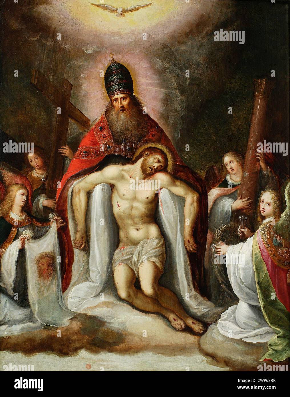 Painting by Frans II Francken, circa 1610, depicting the Holy Trinity with God the Father, Jesus ...