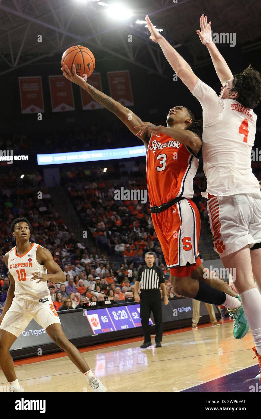 CLEMSON, SC - MARCH 05: Syracuse Orange guard Judah Mintz (3) puts up a ...