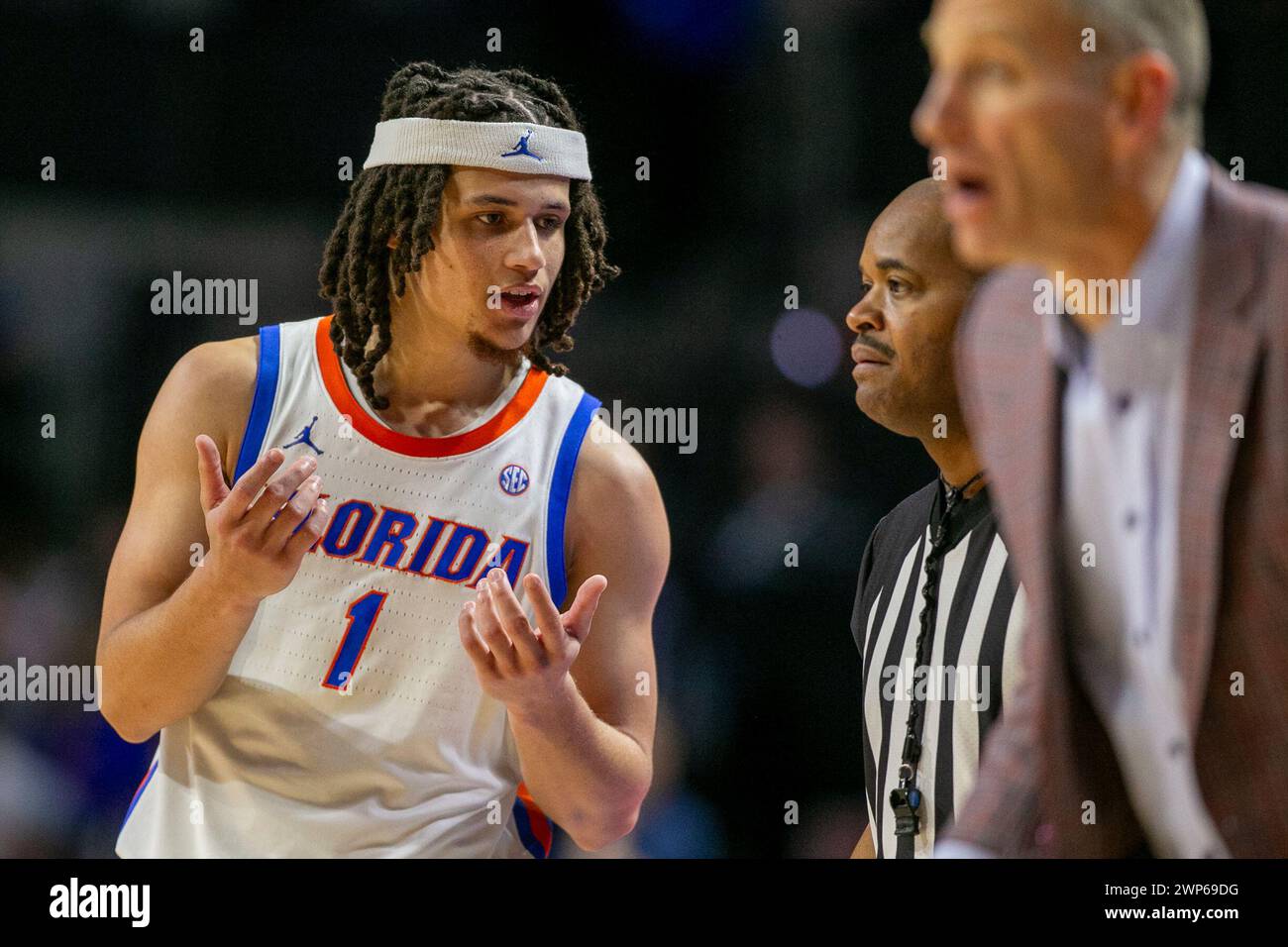 Florida guard Walter Clayton Jr. (1) argues a call during the second ...