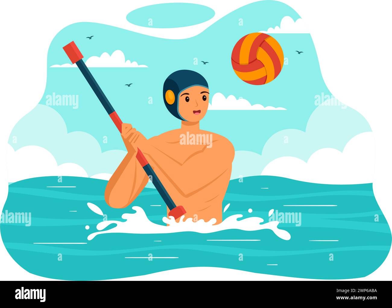 Water Polo Sport Vector Illustration with Player Playing to Throw the ...