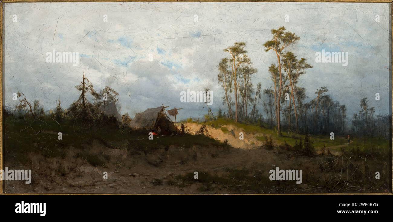 This painting depicts forest roads with tents and bonfires at twilight ...