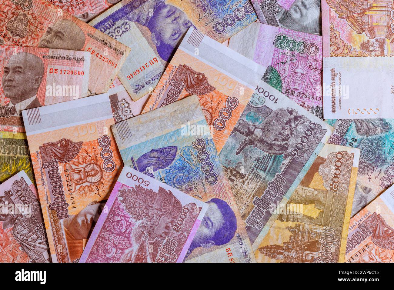 Banknotes of various denominations of Cambodian national currency ...