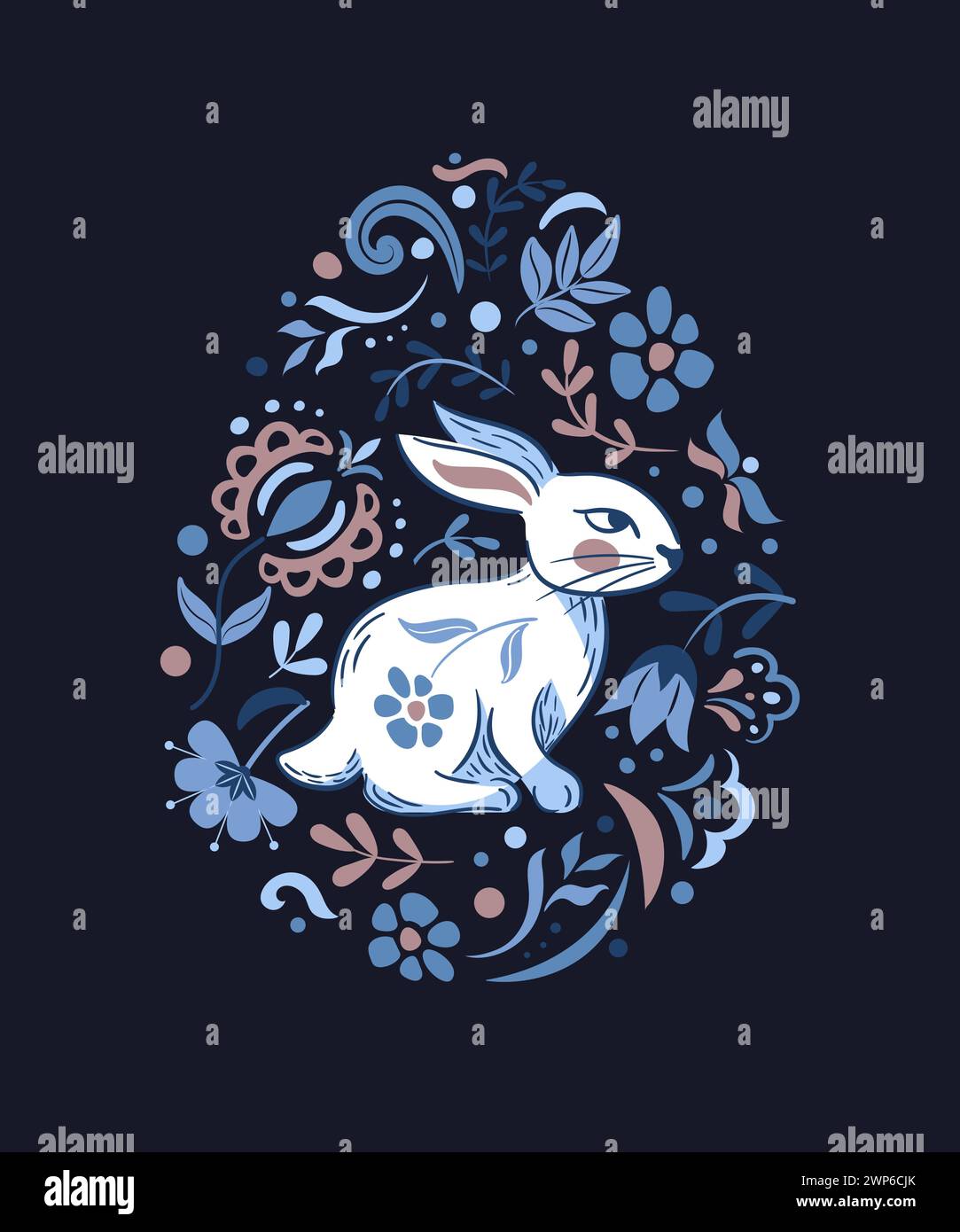 Sitting bunny. Happy Easter. Egg with botanical pattern. Mexican or ...