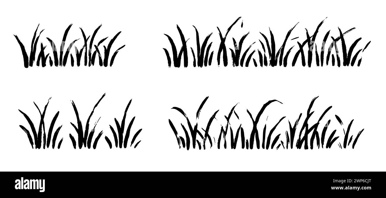 Grass doodle ink brush sketch set. Hand drawn vector grass field grunge ...