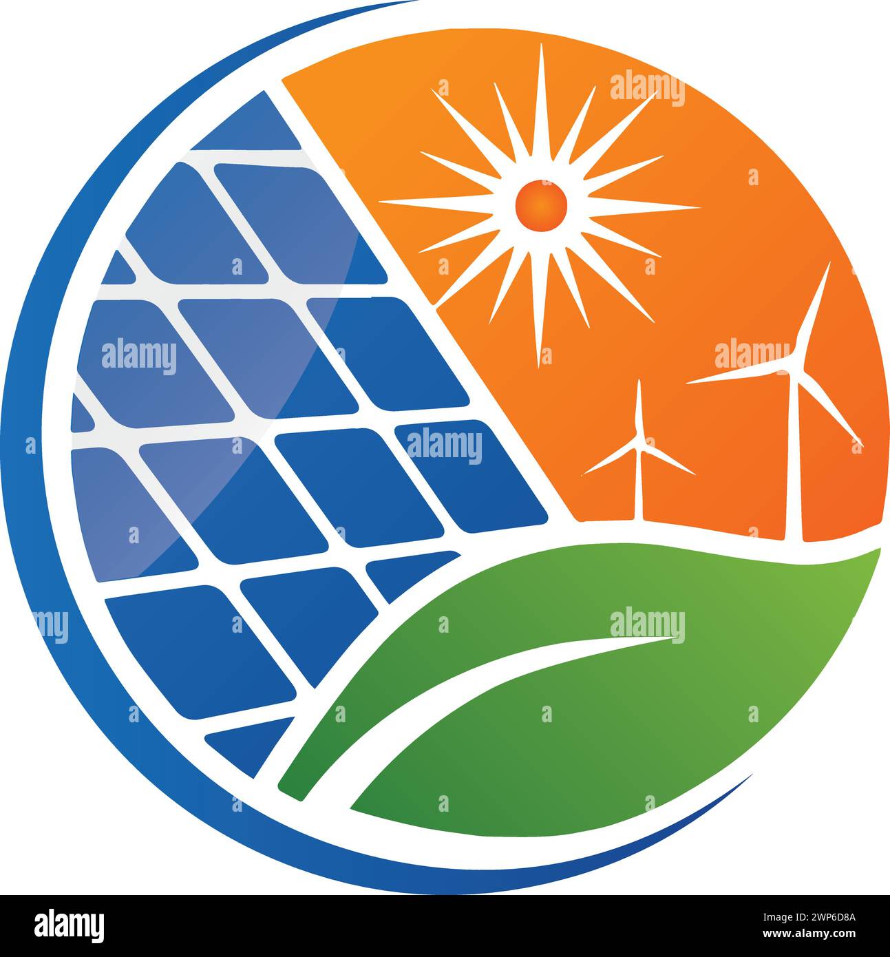Renewable Energy Concept Logo – Solar Panels, Wind Turbines & Sunset ...