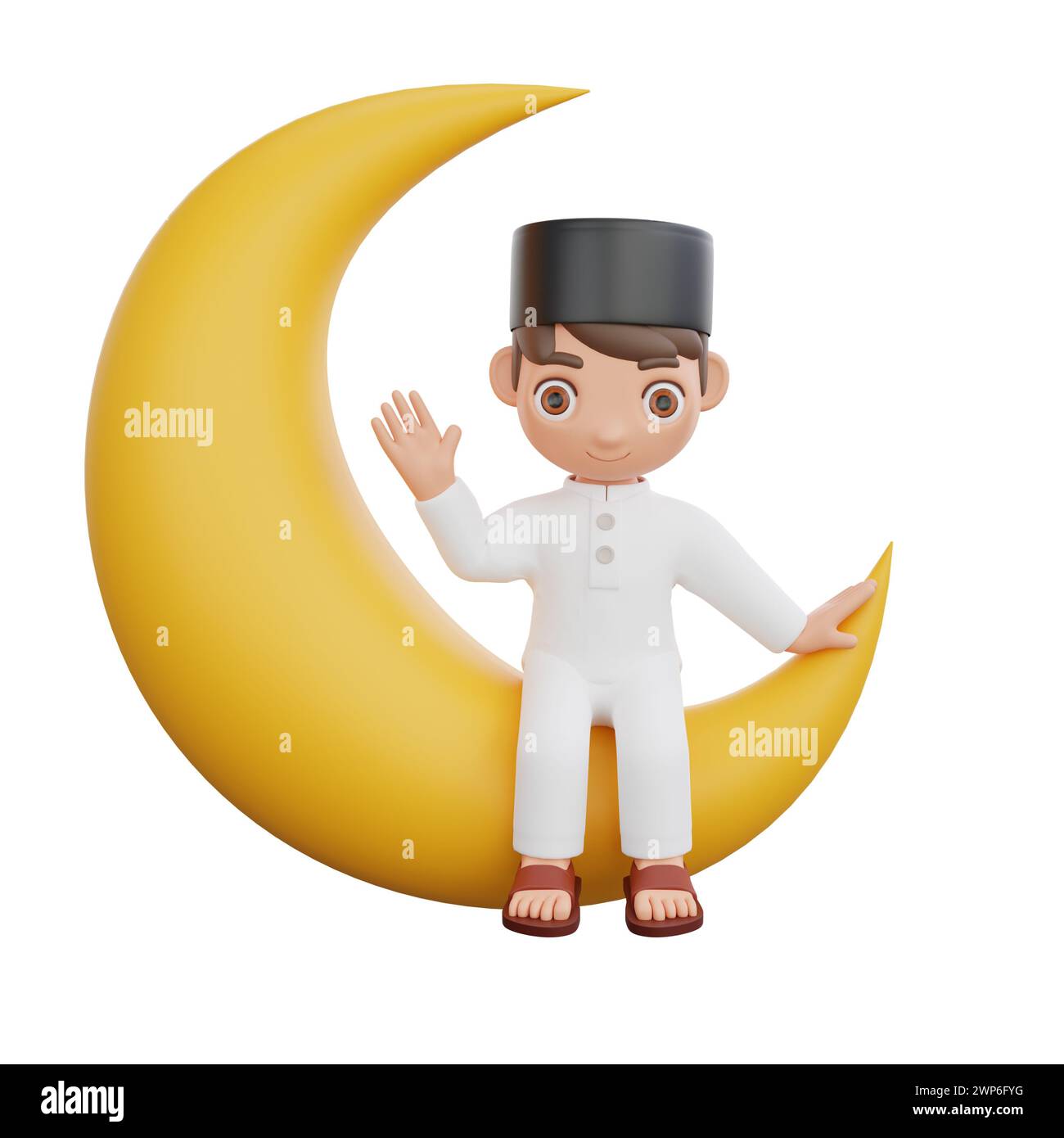 3D Illustration of Muslim character joyful waving hello while sitting ...