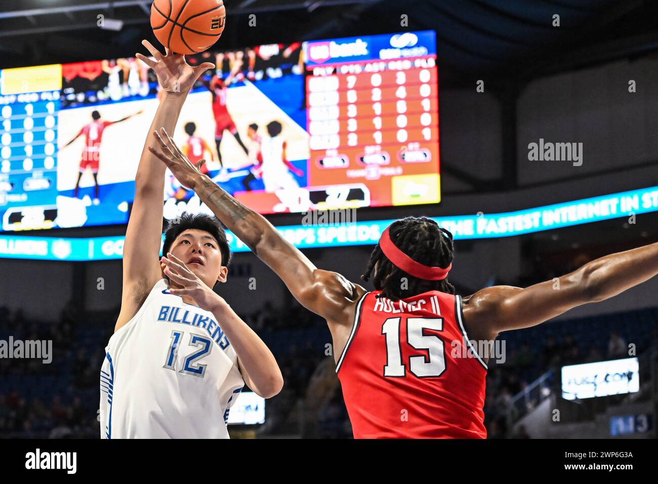 MARCH 05, 2024: Saint Louis Billikens center Bruce Zhang (12) puts up a ...