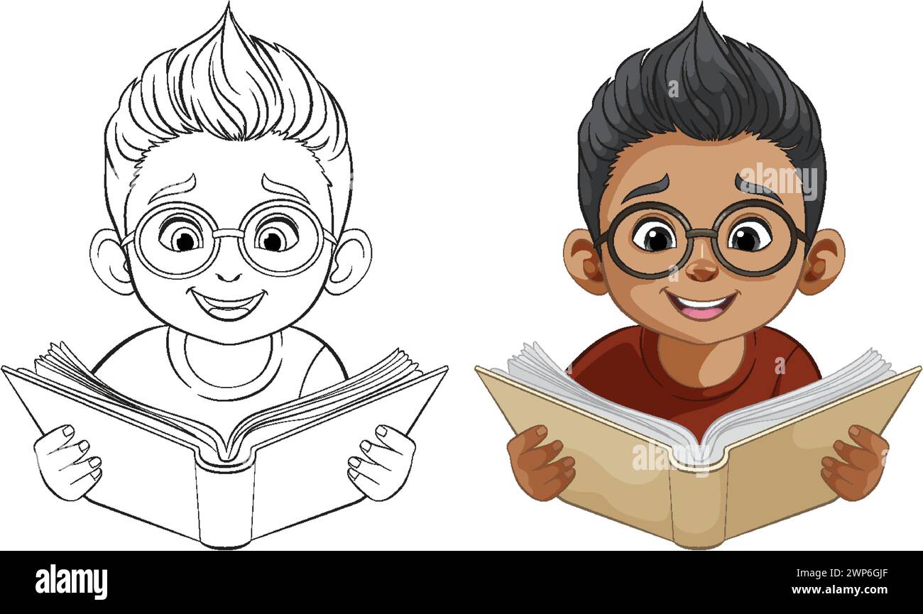 Two cartoon children happily reading colorful books Stock Vector Image ...