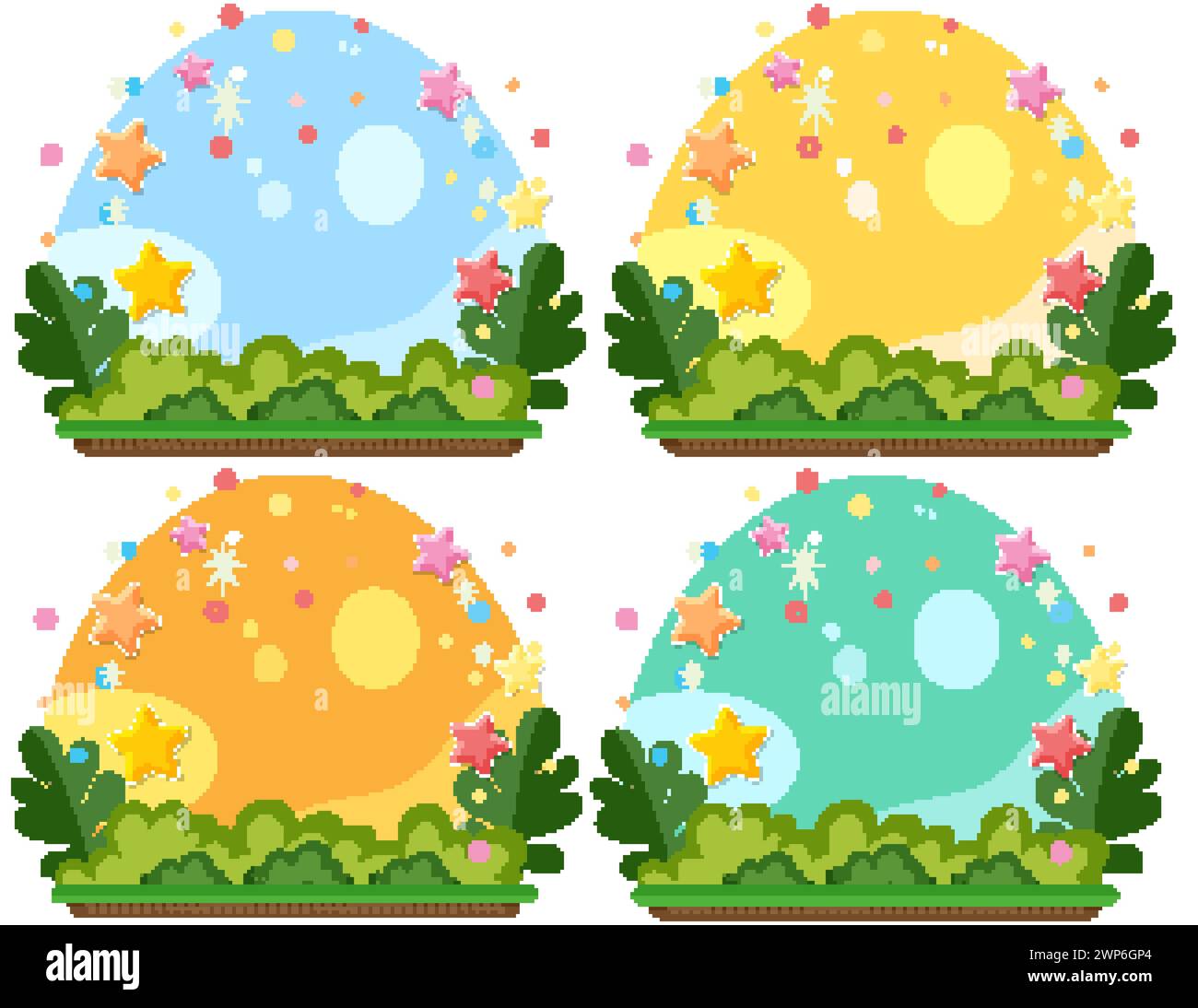 Four colorful, stylized seasonal landscape illustrations Stock Vector ...
