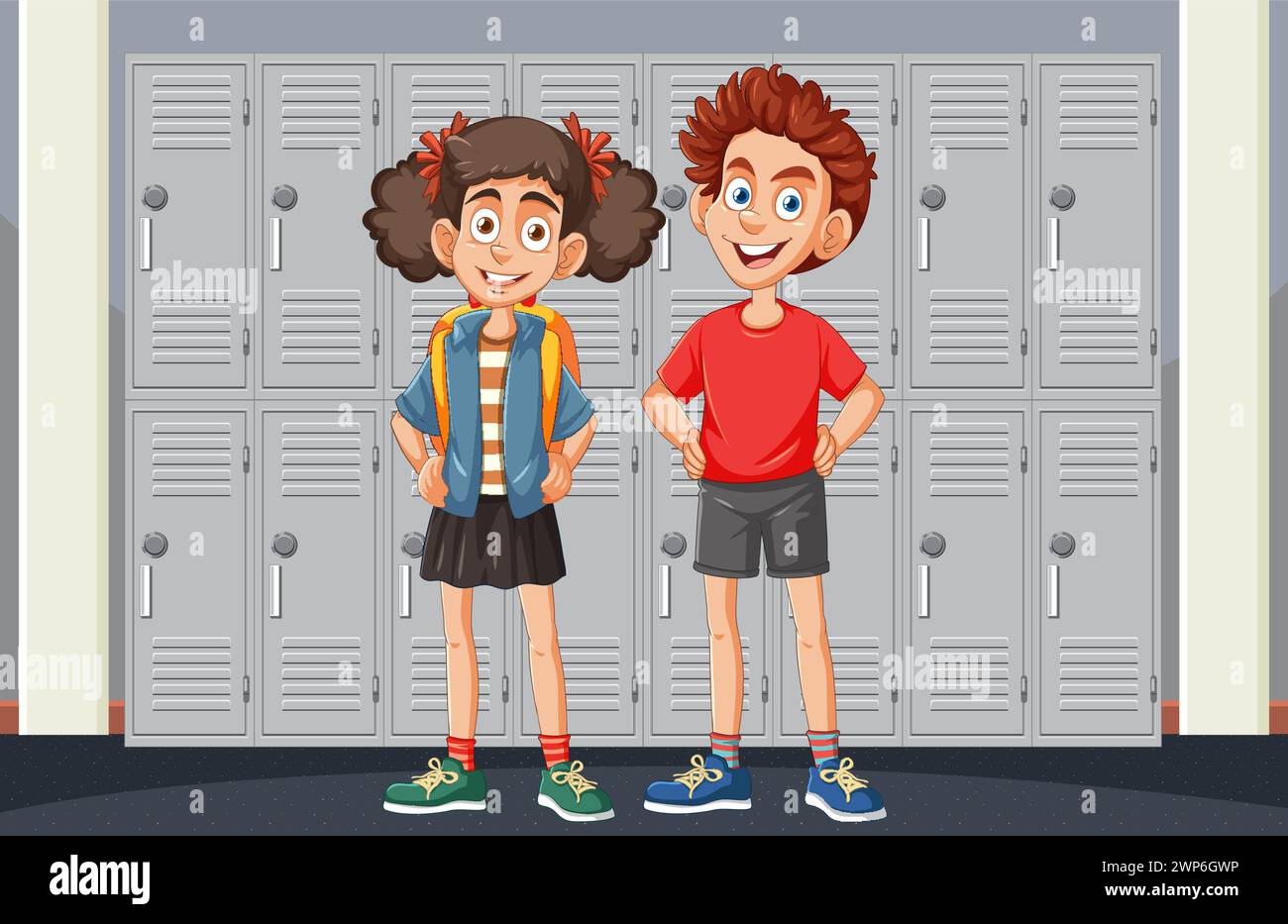 Two cartoon children smiling in a school hallway Stock Vector Image ...