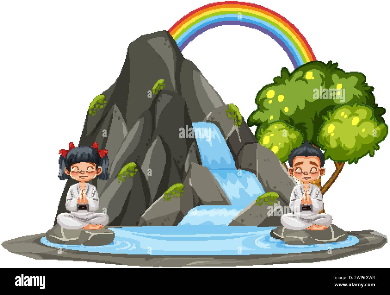 Two children meditating near a waterfall with rainbow Stock Vector ...