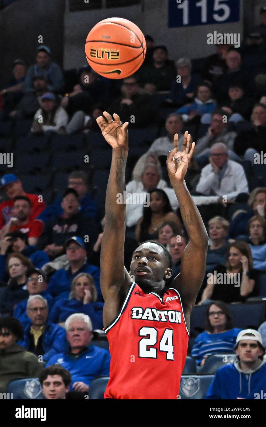 MARCH 05, 2024: Dayton Flyers guard Kobe Elvis (24) puts up a three ...
