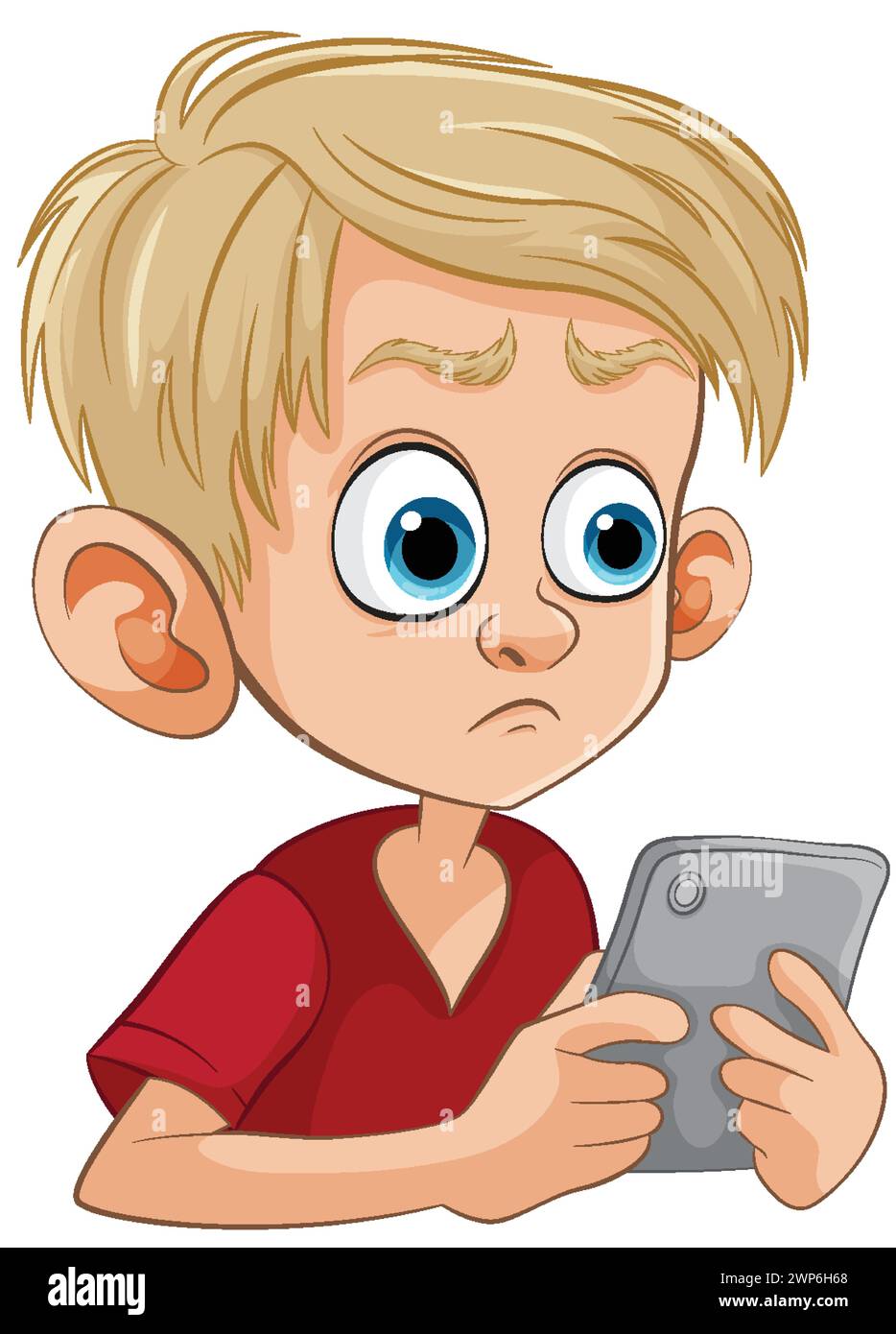 Cartoon of a young boy holding a tablet, looking concerned Stock Vector ...