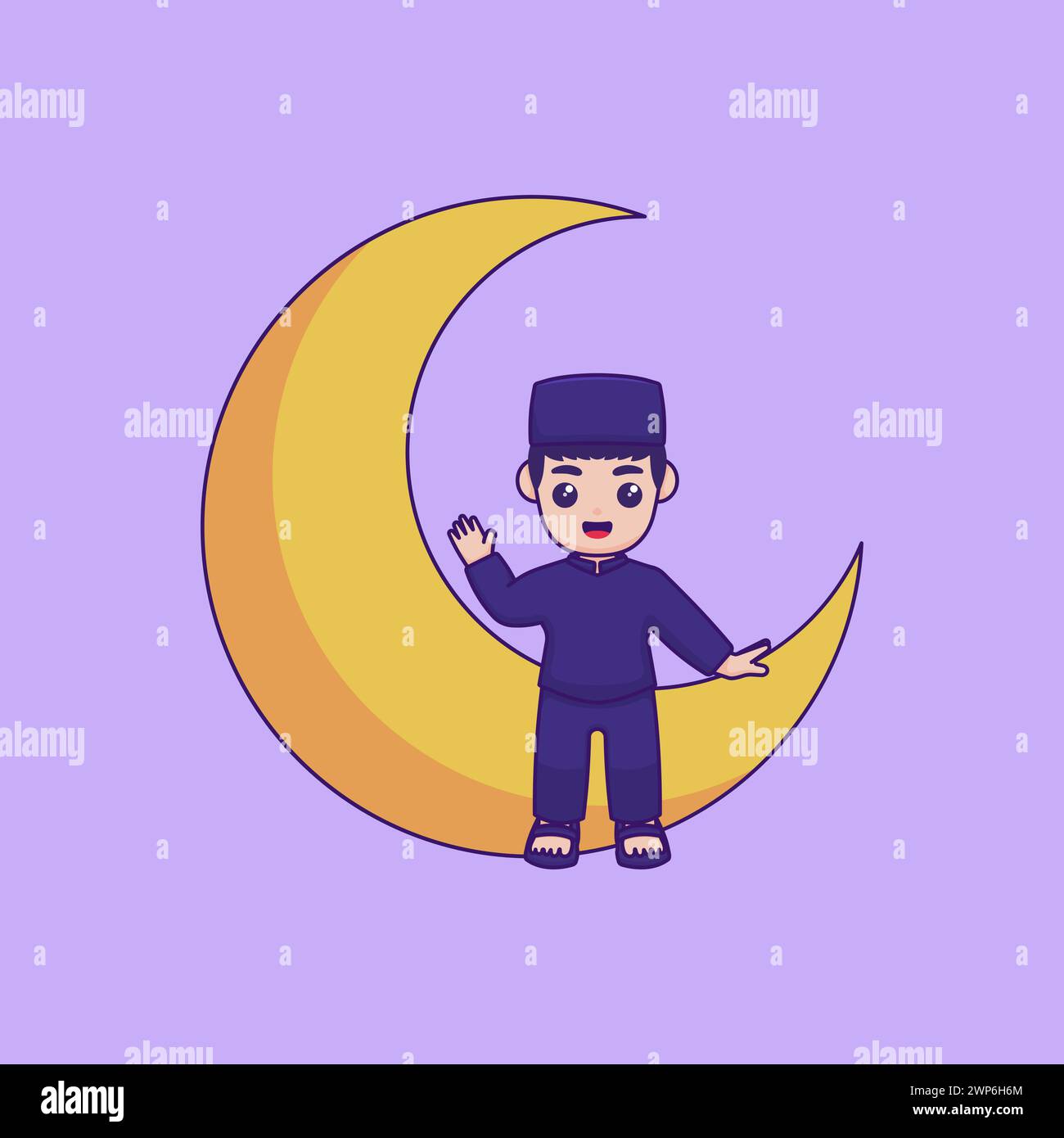 Vector illustration of a character waving from the crescent moon ...