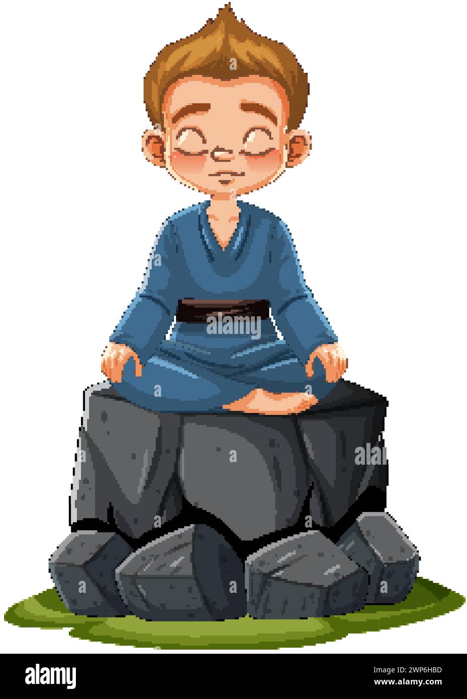 Cartoon boy in meditation pose on stone Stock Vector Image & Art - Alamy