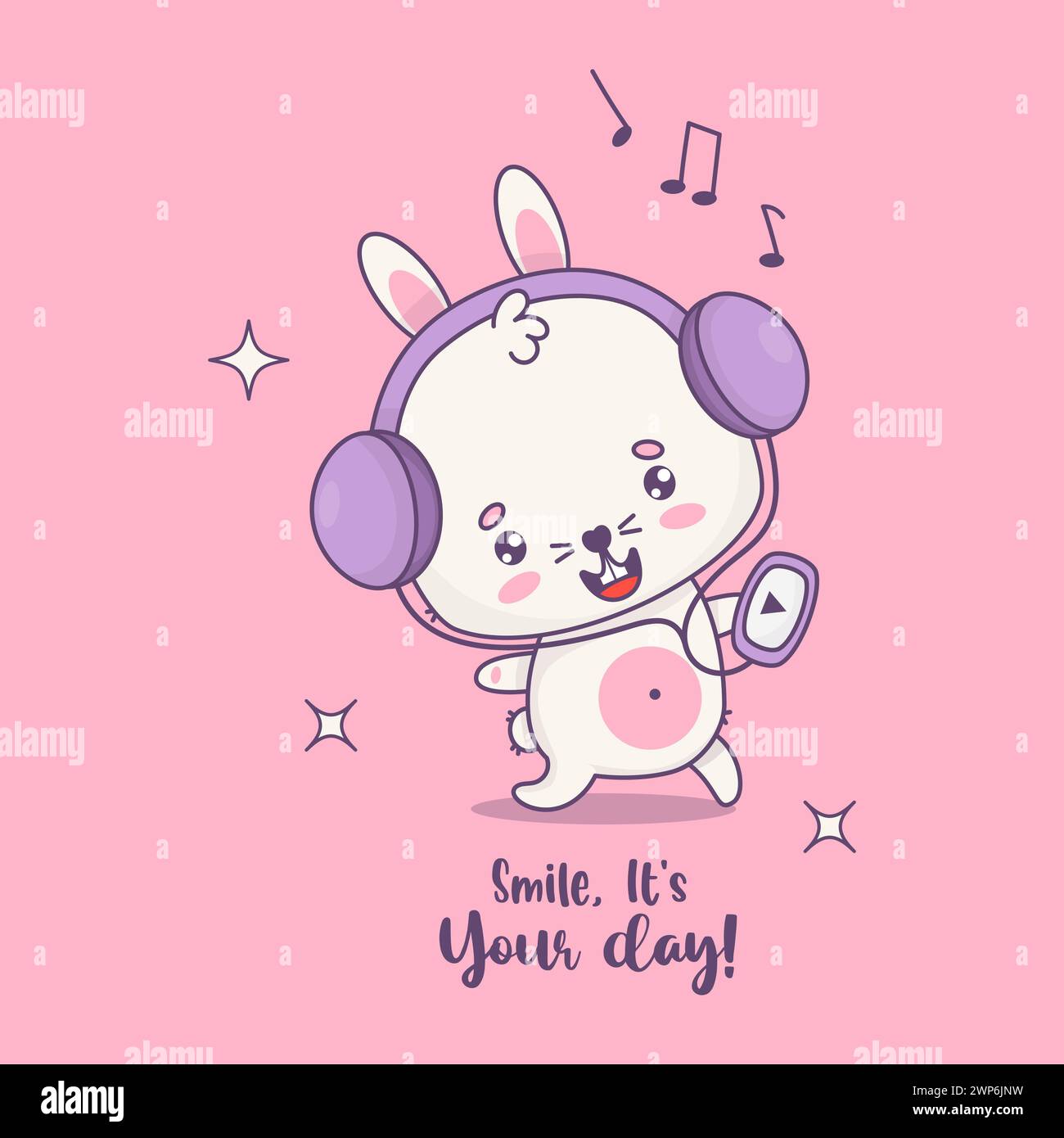 Cute smiling rabbit in headphones with player listens to music. Funny ...