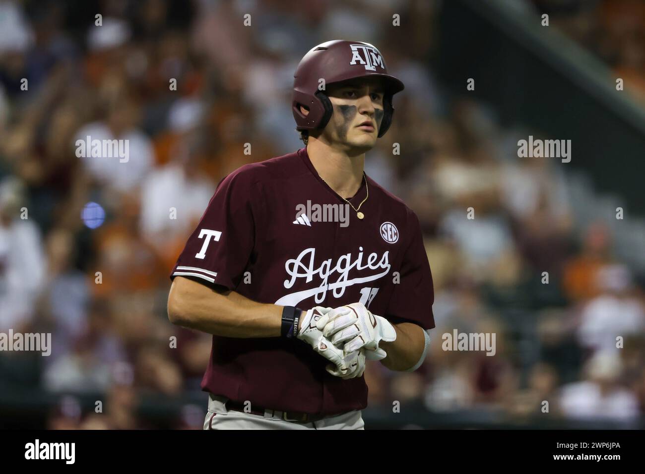 AUSTIN, TX - MARCH 05: Texas A&M outfielder Jace Laviolette (17) jogs ...