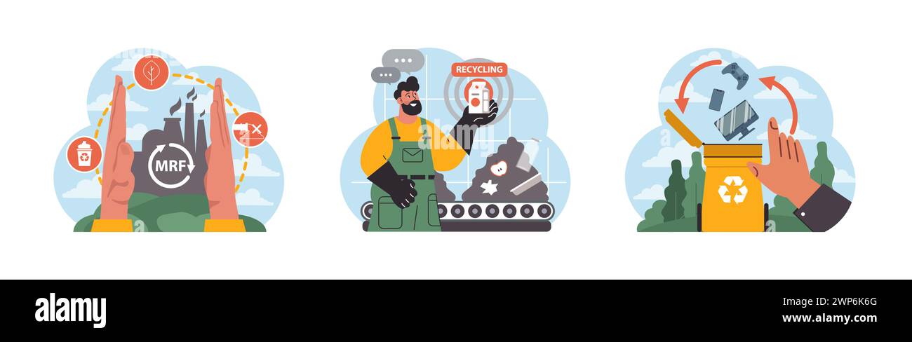 Recycling set. Modern waste management practices. Hands presenting MRF ...