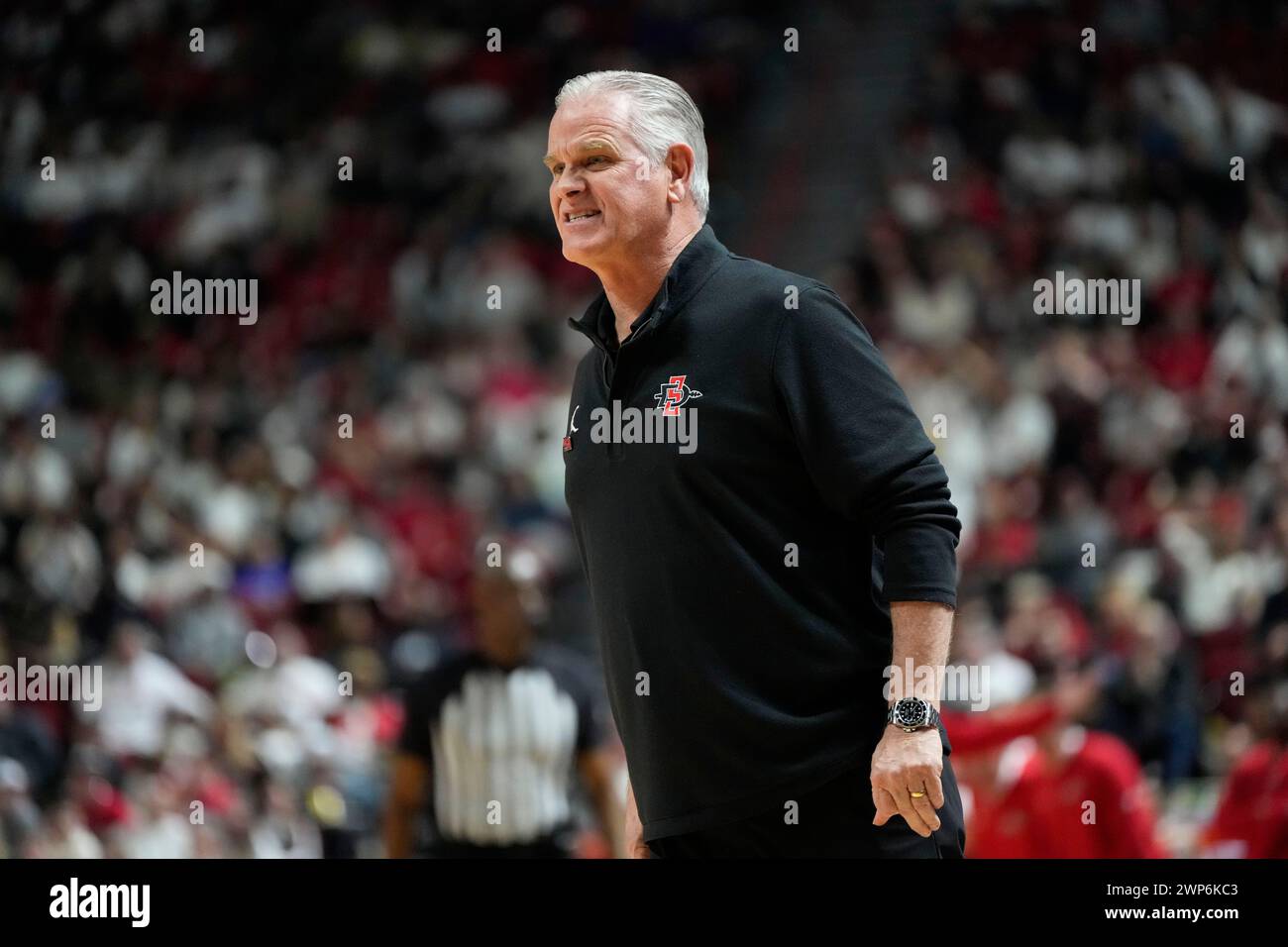 San Diego State coach Brian Dutcher watches during the first half of ...