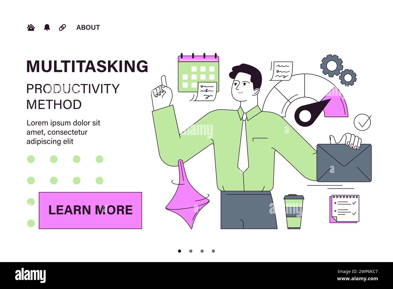 Employee efficiency web or landing. Business employee productive multitasking. Time management ...