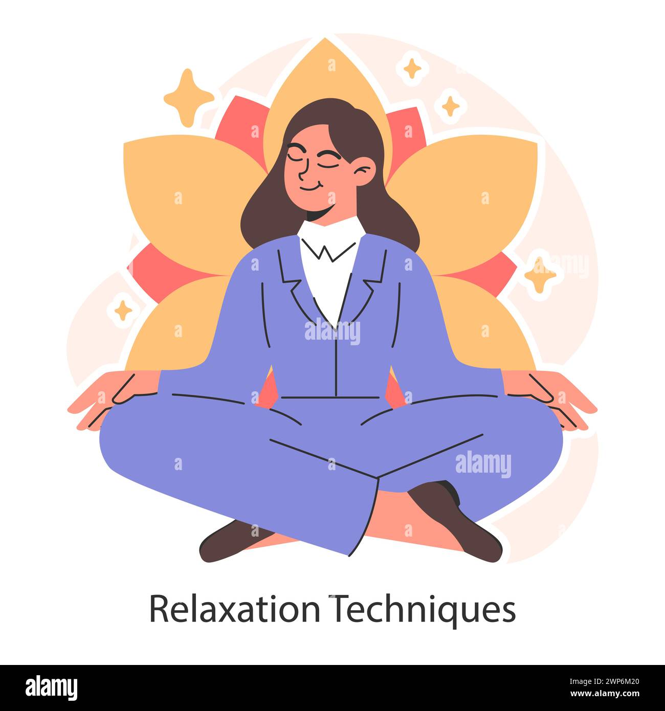 Serene businesswoman practices relaxation techniques sitting in a lotus ...