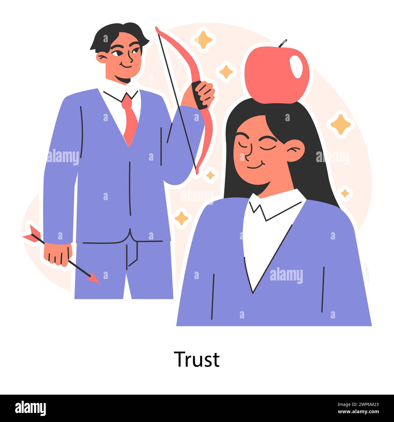 Man with a bow showcases trust, aiming near a woman with an apple on ...