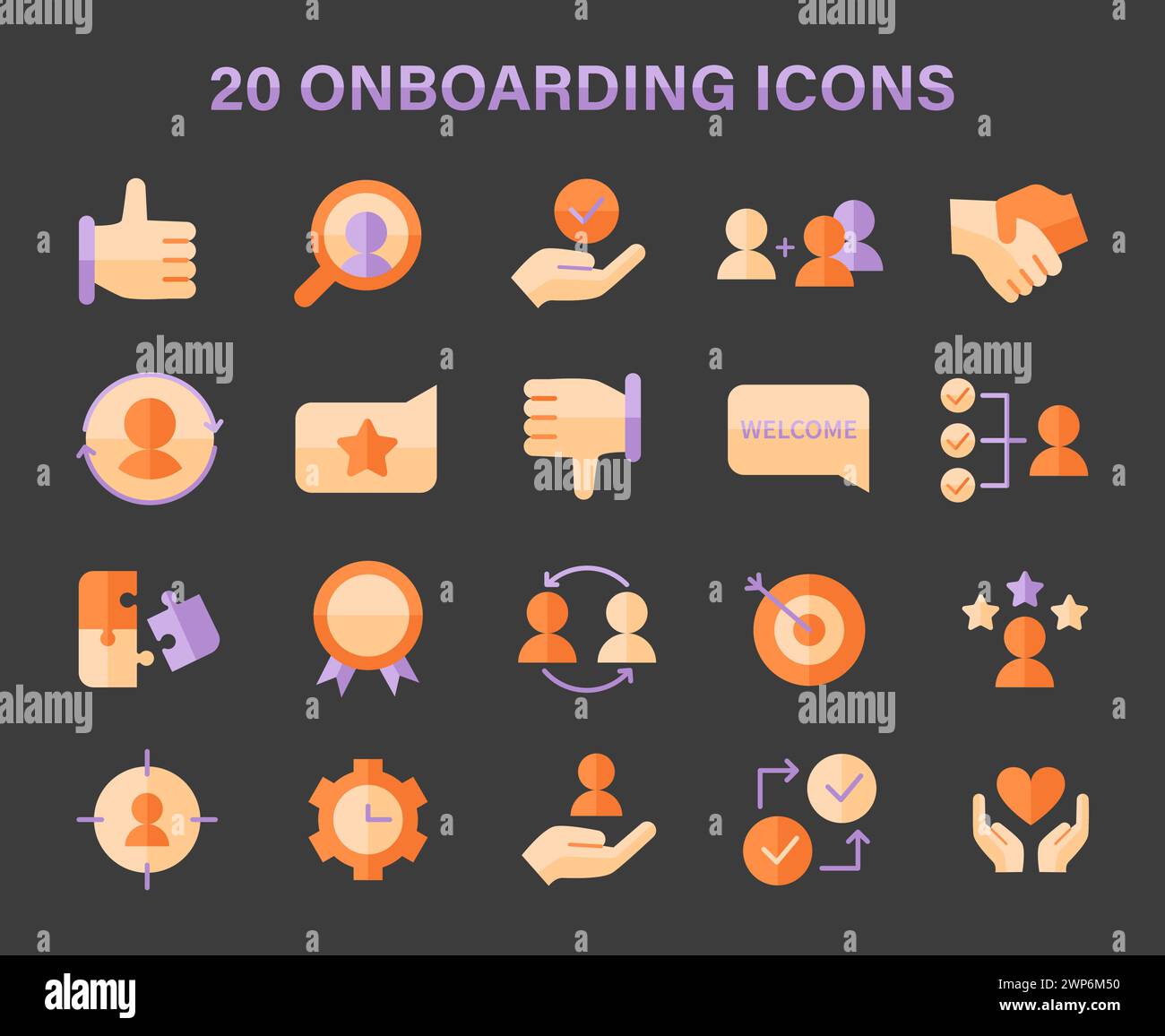 Onboarding icons set. Icons depicting key steps in welcoming and ...