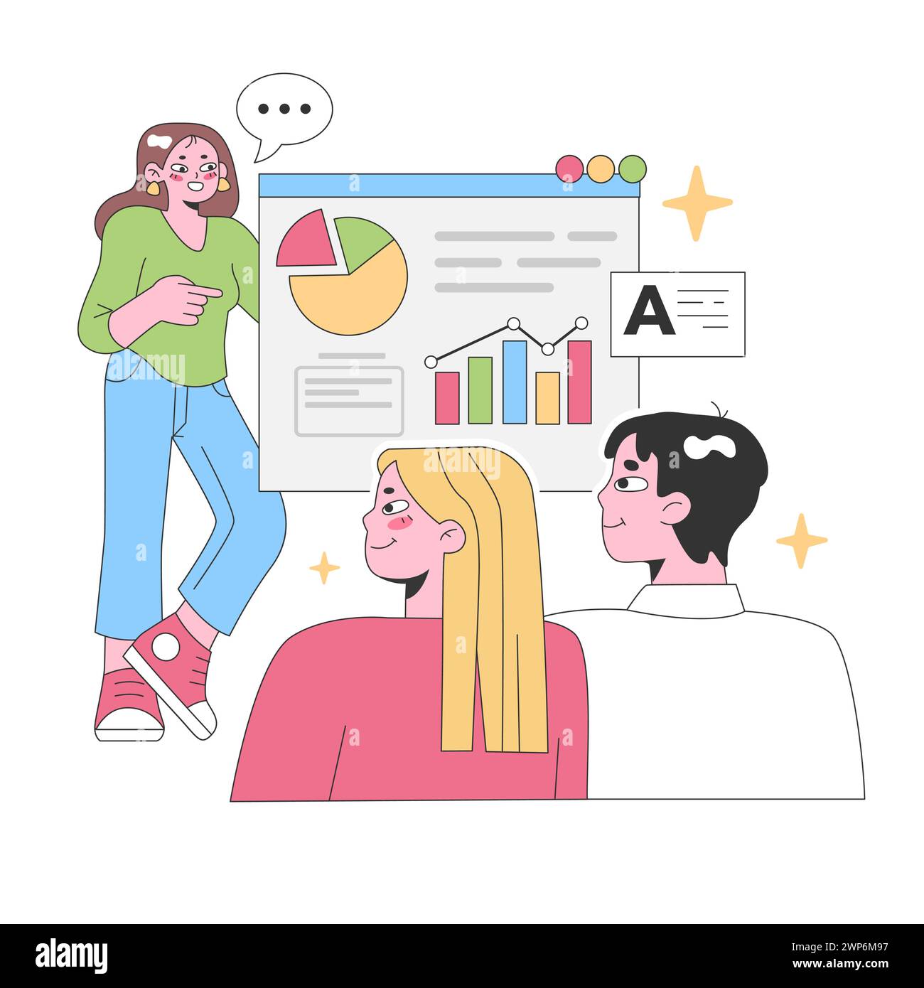 Three professionals evaluate data visualizations on a dashboard ...